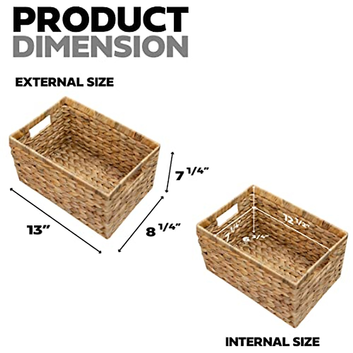 HOMESTEAD Water Hyacinth Storage Baskets with Built-in Handles, Medium Rectangular Wicker Baskets - Set of 2