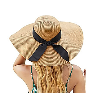 Womens Beach Sun Straw Hat - UV Protection UPF 50+ Sun Hats for Women with Wide Brim, Foldable Floppy Straw Beach Hat for Women