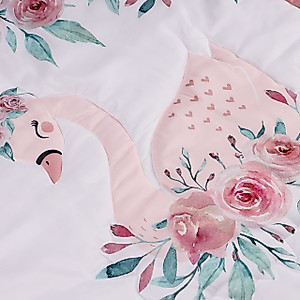 Pink Crib Sets for Baby Girls, Swan Crib Bedding Set by Sweet Baba, 5 PC Nursery Crib Set Includes Quilt/Fitted Sheet/Crib Skirt/Diaper Stacker/Blanket(Flower Theme)