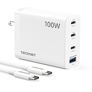 100W USB C Wall Charger, TECKNET GaN Ⅲ Portable USB-C Fast Charger Block with Type C Cable, PD Power Adapter for iPhone 14/14 Pro, MacBook Pro, iPad, AirPods, Dell XPS, Pixel, Samsung, PS5, Switch