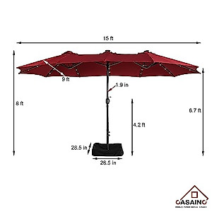 CASAINC 15 FT Solar LED Patio Umbrella with Base Double-Sided Extra Large Outdoor Umbrella Market Rectangular Twin Umbrella w/Crank for Garden Deck Lawn Pool Backyard-Burgundy (with Lights)