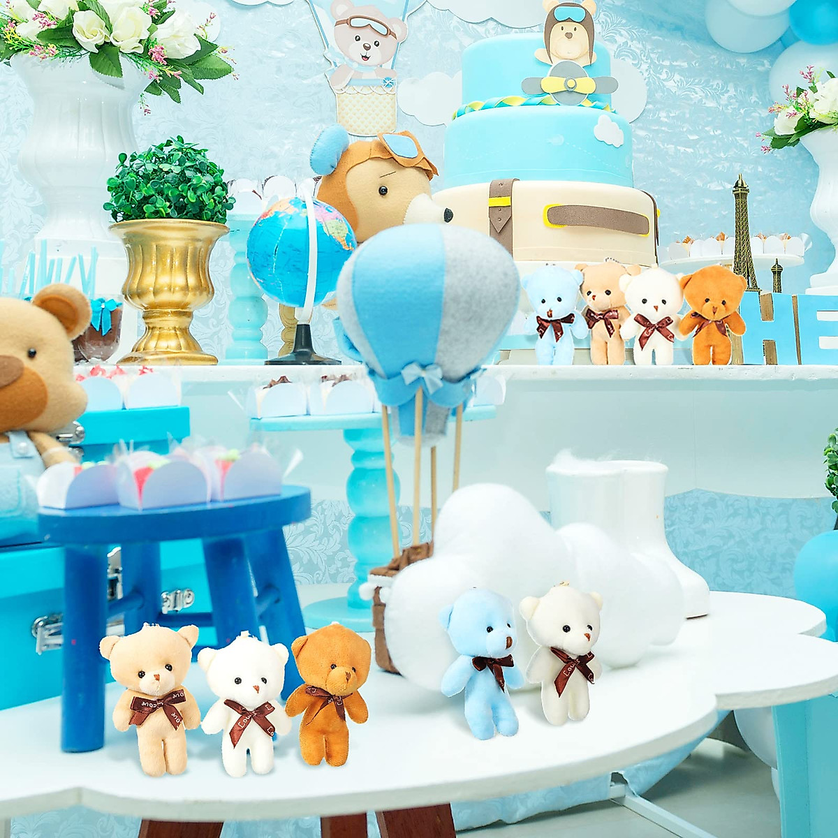 Chivao 12 Pieces Joint Mini Bears Toy Plush Bear Baby Shower Decorations Stuffed Animals Soft Tiny Bears Doll Small for Birthday Cake Wedding Ornaments Keychain DIY Accessory (Boy Bow Style)