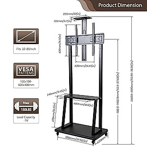 Mobile TV Stand for 32-85inch Flat Curved Screen TV Cart,with Media Shelf Tray,Height Adjustable Heavy Floor TV Stand,Portable TV Stand with Wheels Holds Up to 180lbs,Max VESA 600 * 400mm