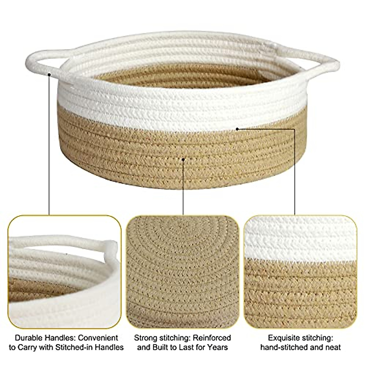 Voilamart Cotton Rope Basket Set of 5,Rope Basket with Handles,Woven Storage Basket,White and Jute Decorative Toy Baskets Set for Baby toys,Makeup