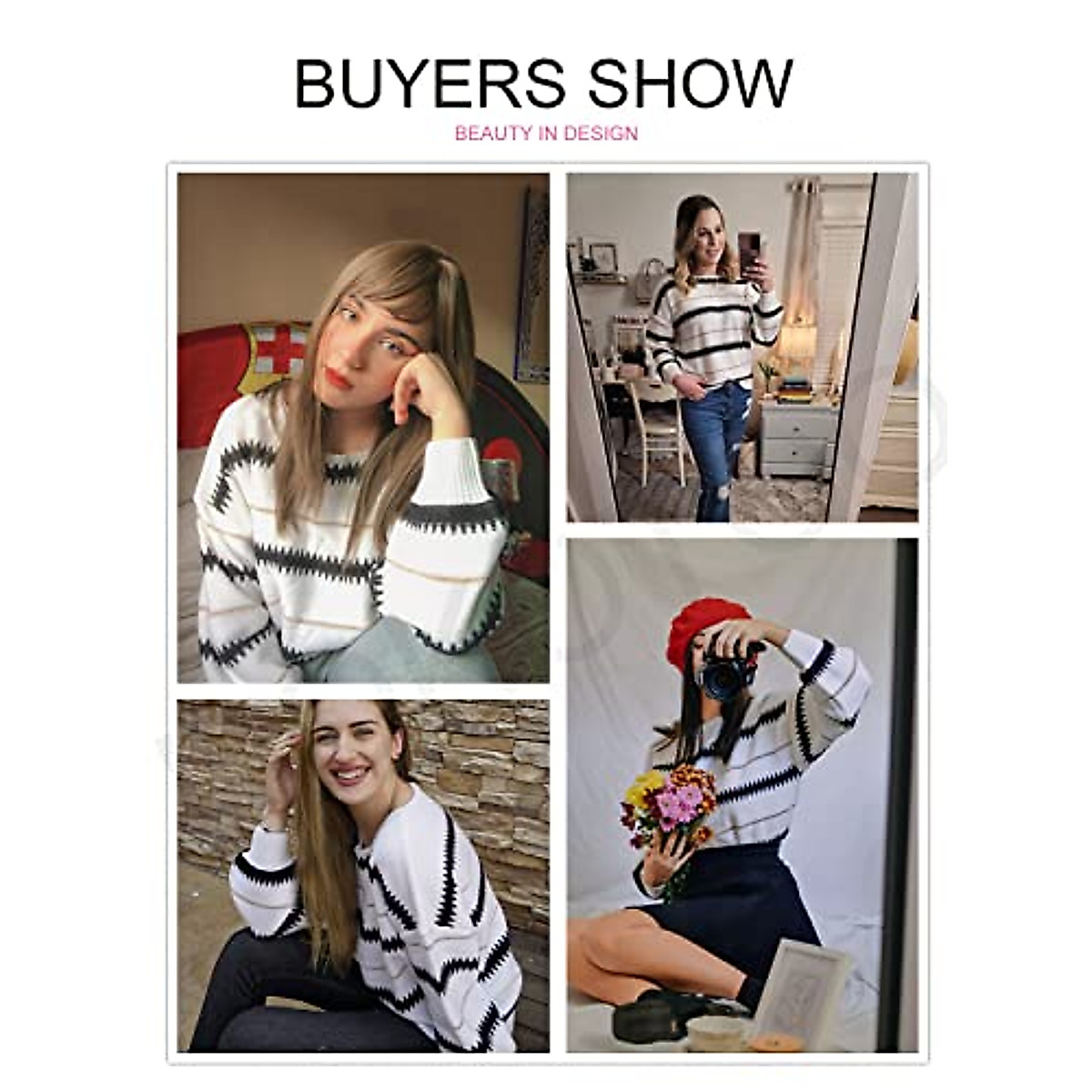 Dokotoo Long Sleeve Crewneck Striped Pullover Sweaters for Women Winter Casual Loose Knit Pullover Sweater Jumper Tops White Medium