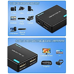 HDMI Splitter 1 in 2 Out with HDMI Cable, 4K 1x2 HDMI Splitter for Dual Monitors HD 1080P 3D Splitter, Supports HDCP1.4, Xbox PS3/4/5 Sky Box Fire Stick DVD Player(1 HDMI Source to 2 HDMI Displays)