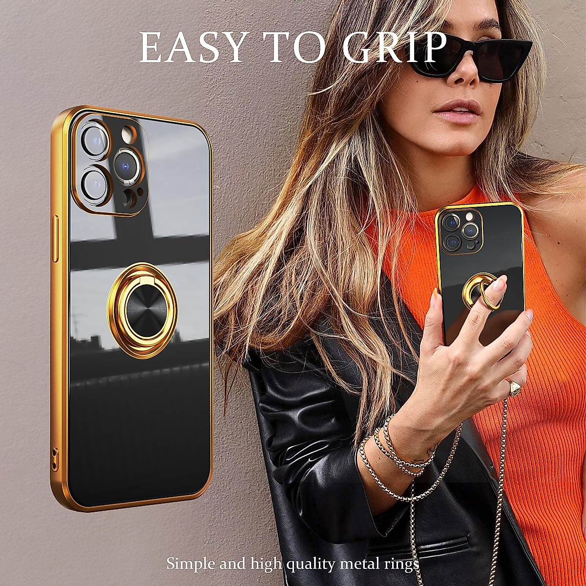 IDweel for iPhone 13 Pro Max Case with 360°Ring Holder Stand Magnetic Kickstand,Lightweight Slim Fit Plated Rose Gold Edge Soft TPU Bumper Camera Protection Non-Slip Cover,Black