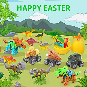 Easter Eggs Filled with Dinosaur Toys for Kids Boys Girls, 9 Pack Easter Basket Stuffers Fillers Prefilled with 4 PCS Take Apart Building Dino Toys 3 PCS Pull Back Cars 12PCS Mini Dino