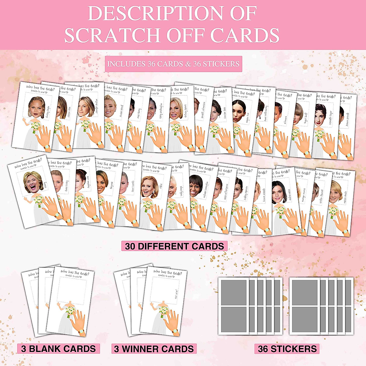 Bridal Shower Games - Who Has The Bride Scratch Off Celebrity Cards - Bachelorette Party Game Favor Decor- Wedding Party/Engagement Party Idea Activity - 36 Mini Size Cards(02)