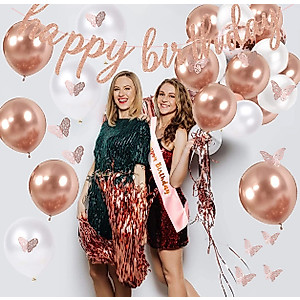 Rose Gold Birthday Party Decorations, Happy Birthday Banner, Rose Gold Fringe Curtain, Rose Gold Sequin Table Runner, 3D Butterfly Wall Decal, Rose Gold Balloons for Women Girls Birthday Party