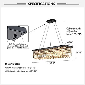ShiJia Moooni Modern 8 Lights Rectangular Crystal Chandelier Rectangle Raindrop Chandeliers Pendant Light Fixture for Dining Rooms Island Black L39.5