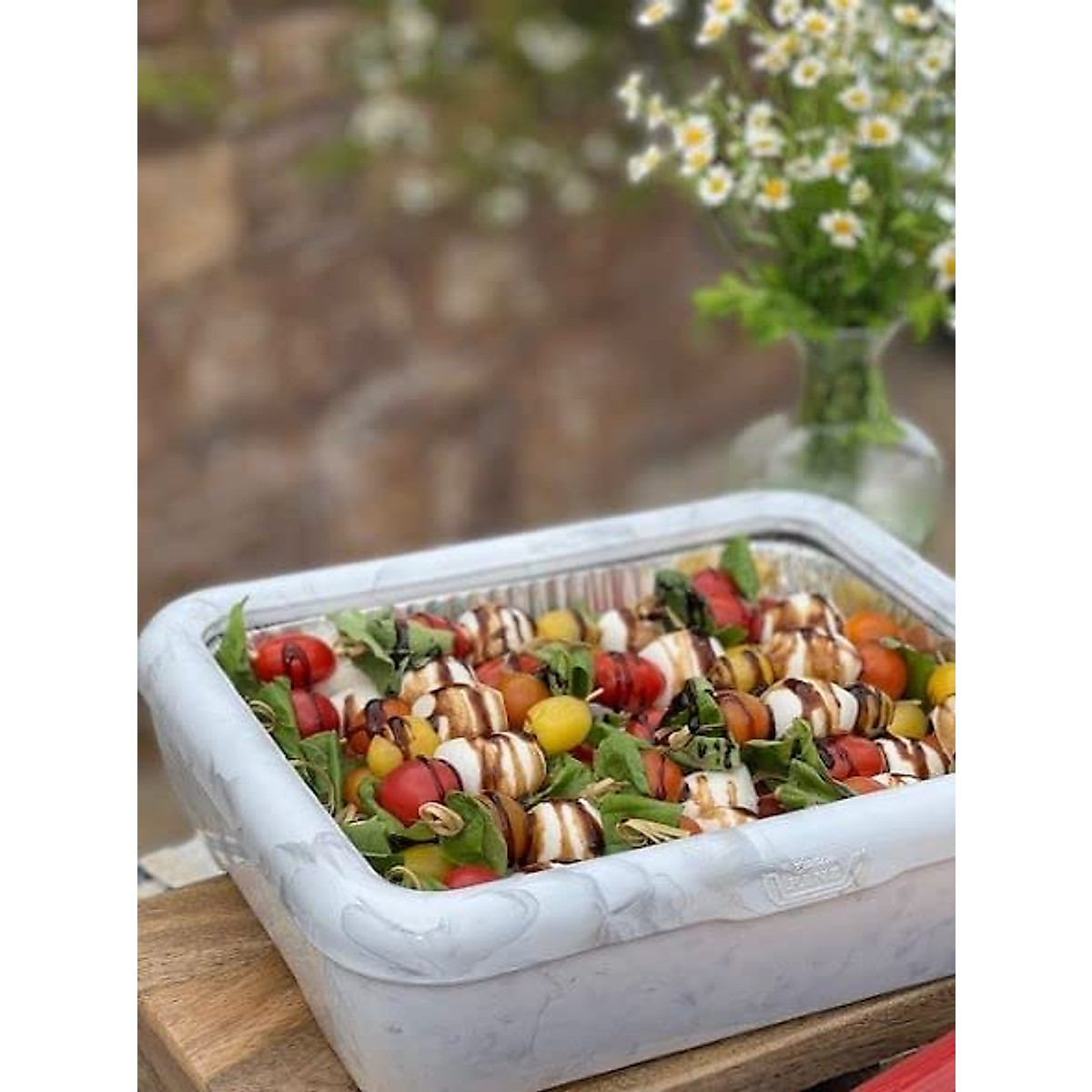 Fancy Panz Premium Dress Up & Protect Your Foil Pan, Made in USA. Hot/Cold Gel Pack, One Half Sized Foil Pan & Serving Spoon Included. Stackable for easy travel. (Marble)