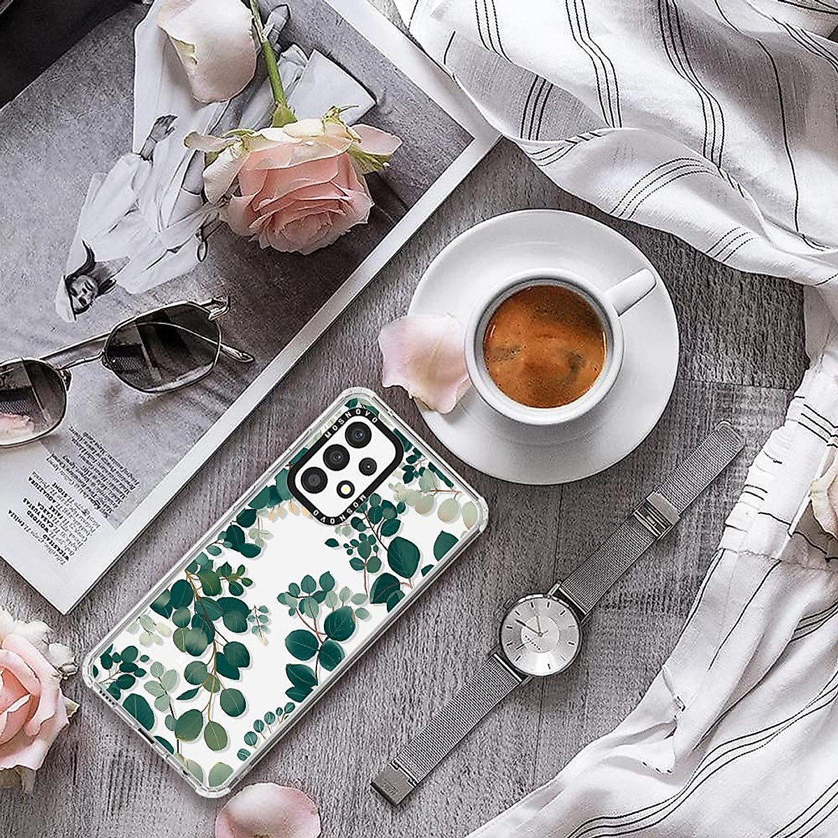 MOSNOVO Compatible with Samsung Galaxy A52s 5G Case, Eucalyptus Clear Design Transparent Plastic Hard Back Case with TPU Bumper Protective Case Cover for Samsung A52