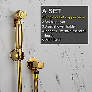 MINJING Bidet Faucet, Single Cold Handheld Bidet Sprayer Douche Toilet Kit, Shiny Titanium Gold Brass Square Shattaf Shower Head Copper Valve Bidet Tap,A Set