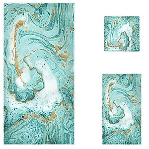 Naanle 3D Beautiful Green Marble Soft Luxury Decorative Set of 3 Towels, 1 Bath Towel+1 Hand Towel+1 Washcloth, Multipurpose for Bathroom, Hotel, Gym, Spa and Kitchen