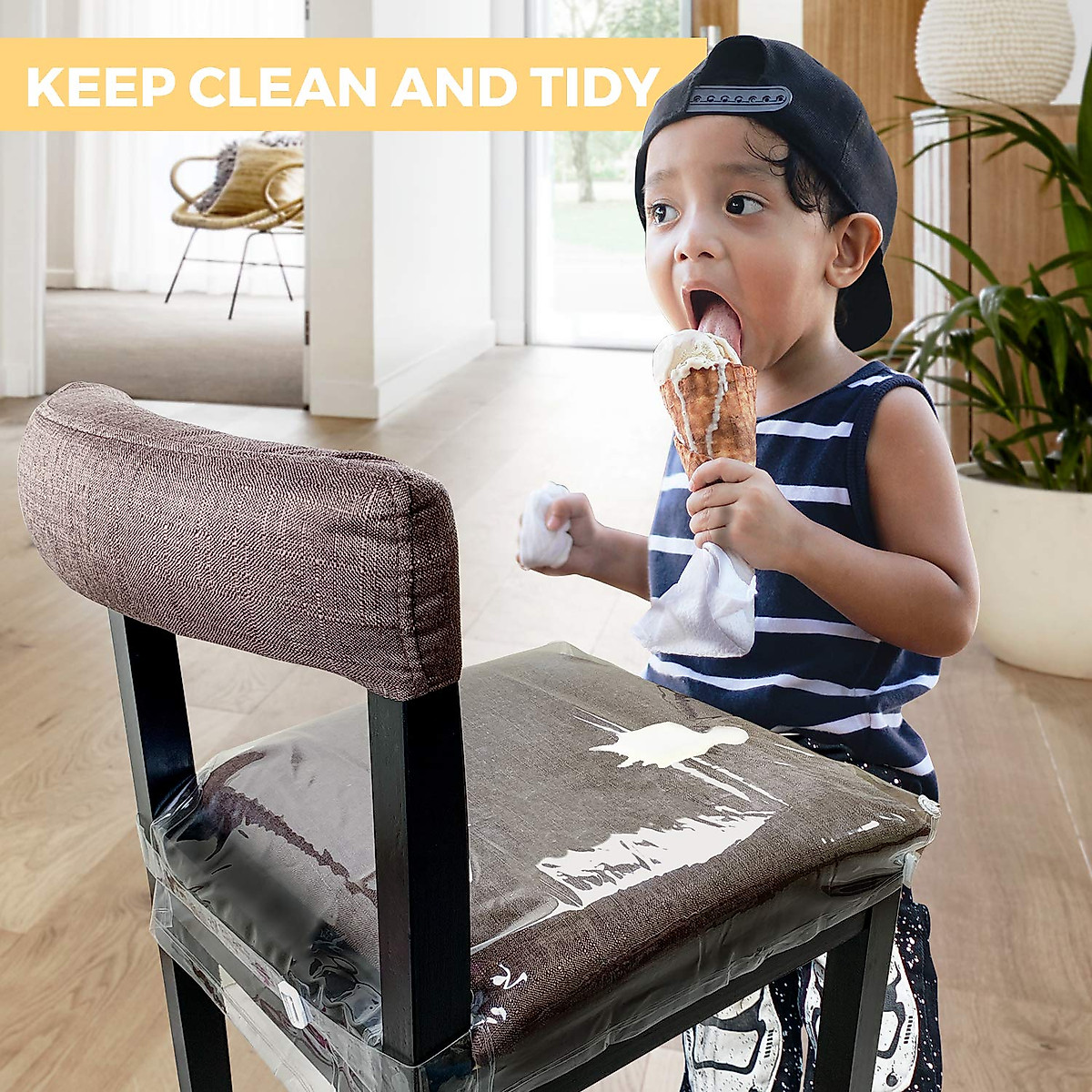 6 Pack Large Plastic Chair Covers Protectors for Dining Room, Clear Chair Seat Cover with Adjustable Belt Strap Fits 18”-22” Seats, Waterproof & Scratch Resistant Heavy Duty PVC Dining Chair Cover Set