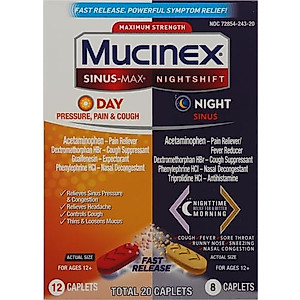 Mucinex Maximum Strength Sinus-Max (Day) Pressure, Pain & Cough & Nightshift (Night) Sinus Caplets, Fast Release, Powerful Multi-Symptom Relief, 20 caplets (12 Day time + 8 Night time)