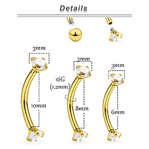 Ocptiy 16G Gold Rook Eyebrow Piercing jewelry Daith Earring Stainles Surgical Steel Curved Barbell Vertical Labret Lip Snake Frog Eye Tongue Belly Button Ring Piercing Jewelry Men Women 6mm 8mm 10mm