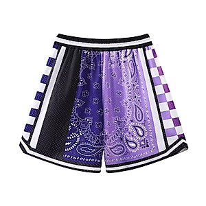 BOOMLEMON Men's Basketball Shorts Workout Athletic Paisley Shorts Mesh Print Running Short Pants(Patchwork Purple XS)