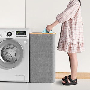 200L Laundry Hamper, HYSEYY 2-Pack Extra Large Laundry Baskets with Lid, Removable Inner Bags, Collapsible Rectangular Clothes Hamper, Laundry Organizer with Bamboo Handles for Laundry, Grey