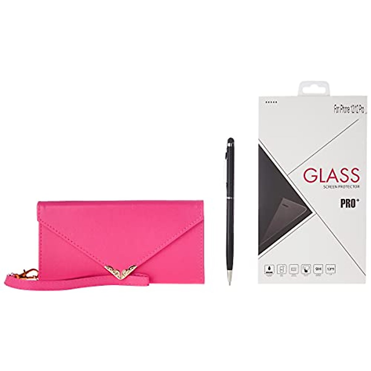 Glow Co, Ltd. 405-1-02 iPhone 12 with Strap, Multi-Functional Storage, Notebook Type Case, Magenta, Tempered Glass & Stylus Pen Included