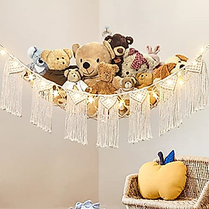 Dremisland Stuffed Animal Toy Hammock with Fairy Lights Macrame Boho Plush Toy Net Hammock with Tassels-Stuff Animals Organizer Storage Corner Plush Toys Net Holder for Nursery Play Room, Kids Bedroom