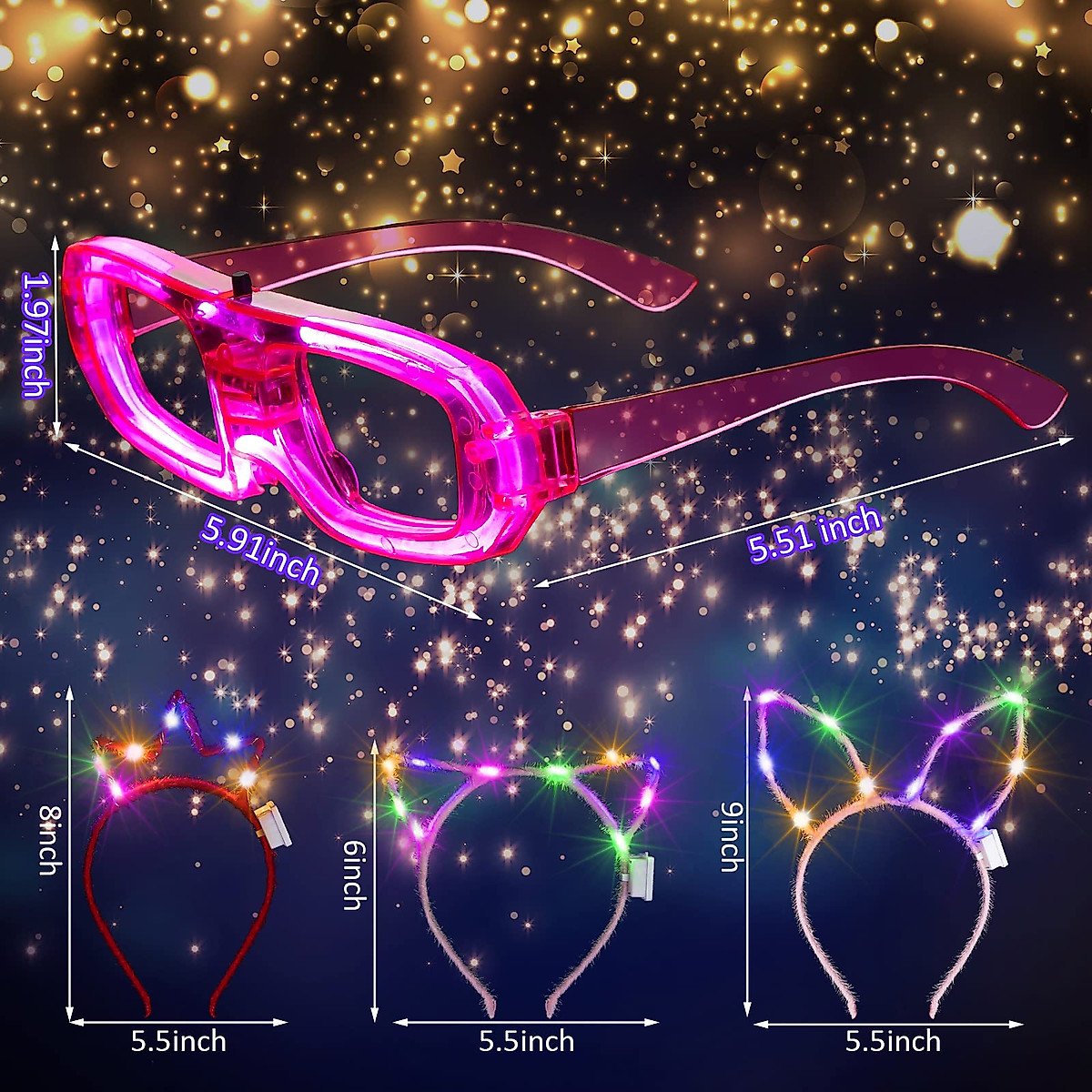 120 Pcs Glow in the Dark Party Supplies 60 Light up Glasses 20 LED Cat Ear Headband 20 LED Rabbit Ear Hair Accessories 20 Glow Crown Tiara Hairband for Neon Holiday Birthday Halloween Christmas Party
