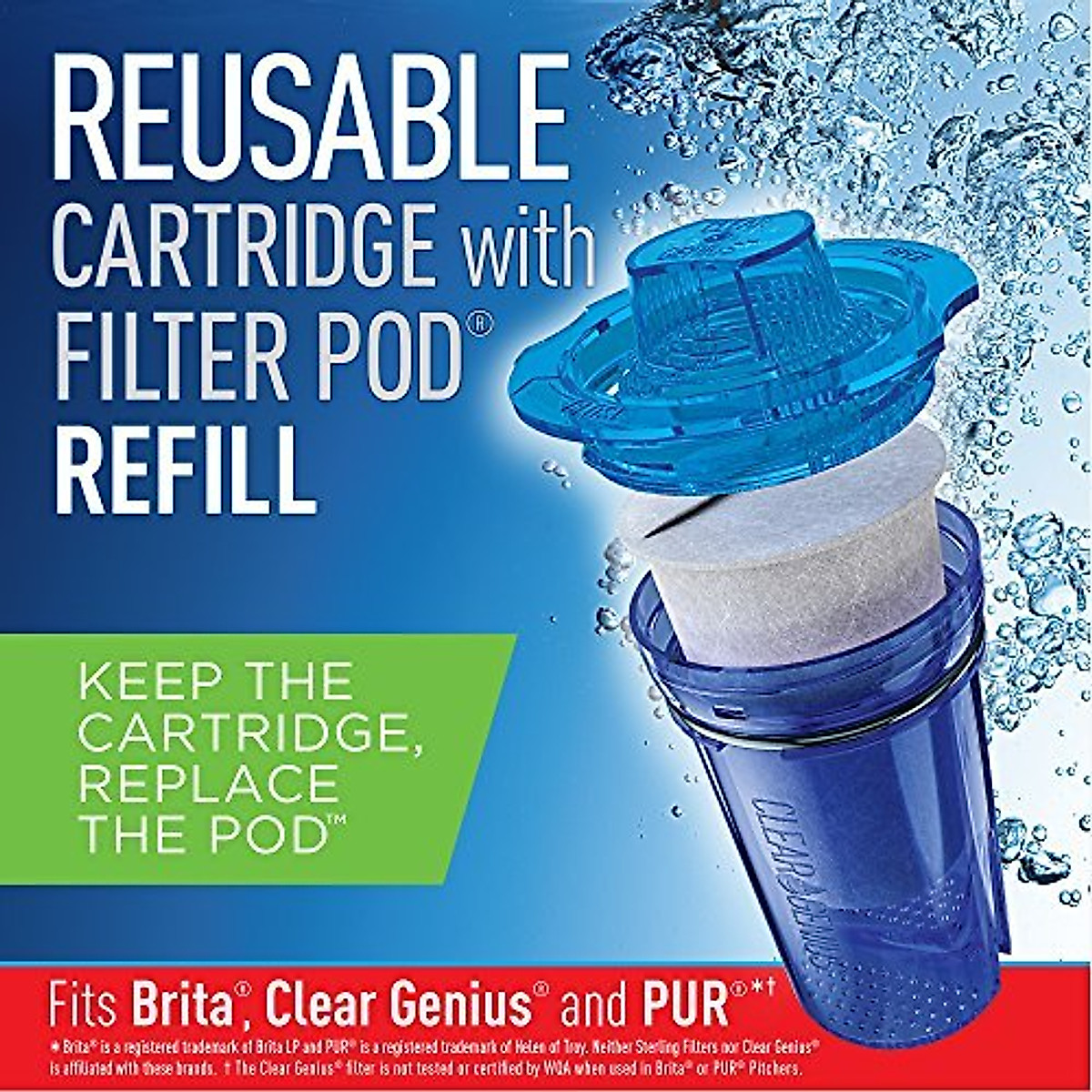 Clear Genius Water Pitcher Filtration System FWP-1, Includes Reusable Filter Cartridge and Filter Pod Refill, Clear, 6-Cup Capacity