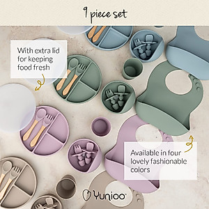 Yunioo Extra Heavy Silicone Baby Feeding Set Essentials, Premium 9-Piece Set of Baby Led Weaning Supplies with Silicone Baby Plate with Lid, Superior Suction Bowl and Baby Utensils - Beige