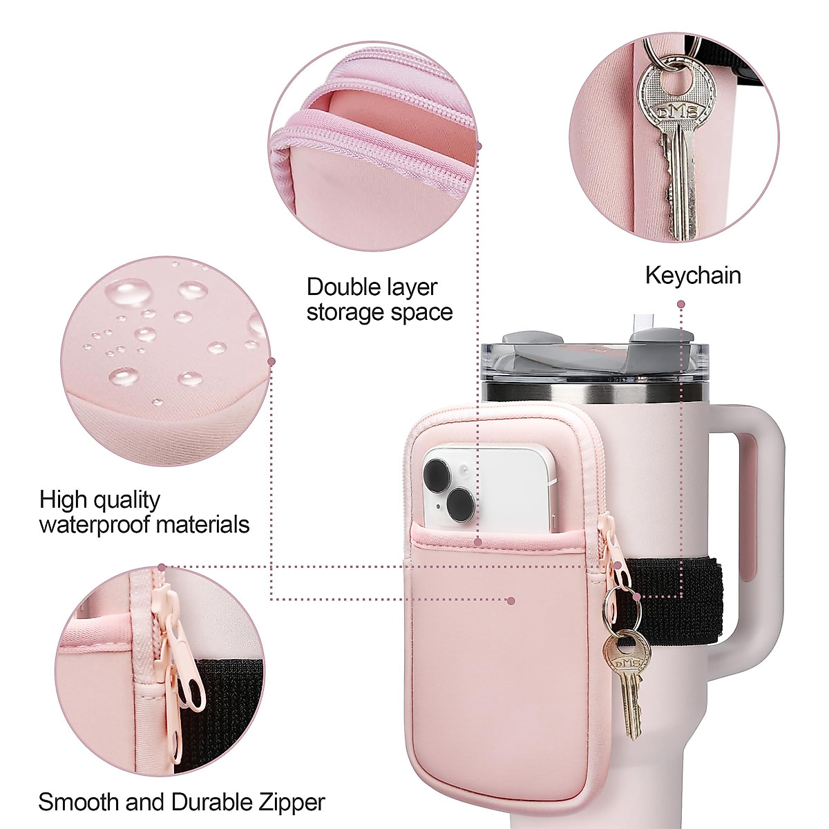 SHOW-YA Water Bottle Pouch for Stanley - 40oz Stanley Cup Accessories, Stanley Cup Fanny Pack, Workout Outdoor Tumbler Pocket for Phone, Card, Keys,Compatible with Stanley Adventure 40oz,30oz(Pink)