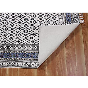 Casavani Hand Block Printed Rug Floral Blue & Beige Tassel Rug Boho Area Rug Easy Care Washable Rugs for Doormat Entryway Living Room Bedroom Hallway Balcony 12x12 Feet Square