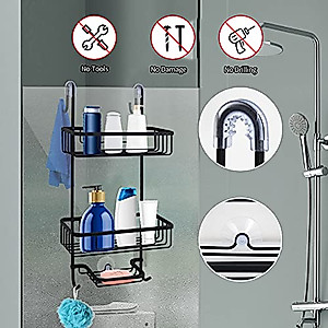 Duwee Over The Door Shower Caddy, NeverRust Aluminum Over the Shower Door Caddy, Hanging Shower Caddy for Shampoo Conditioner, 3 Tier Bathroom Shelf Organizer with Hooks for Razors Towels(Black)