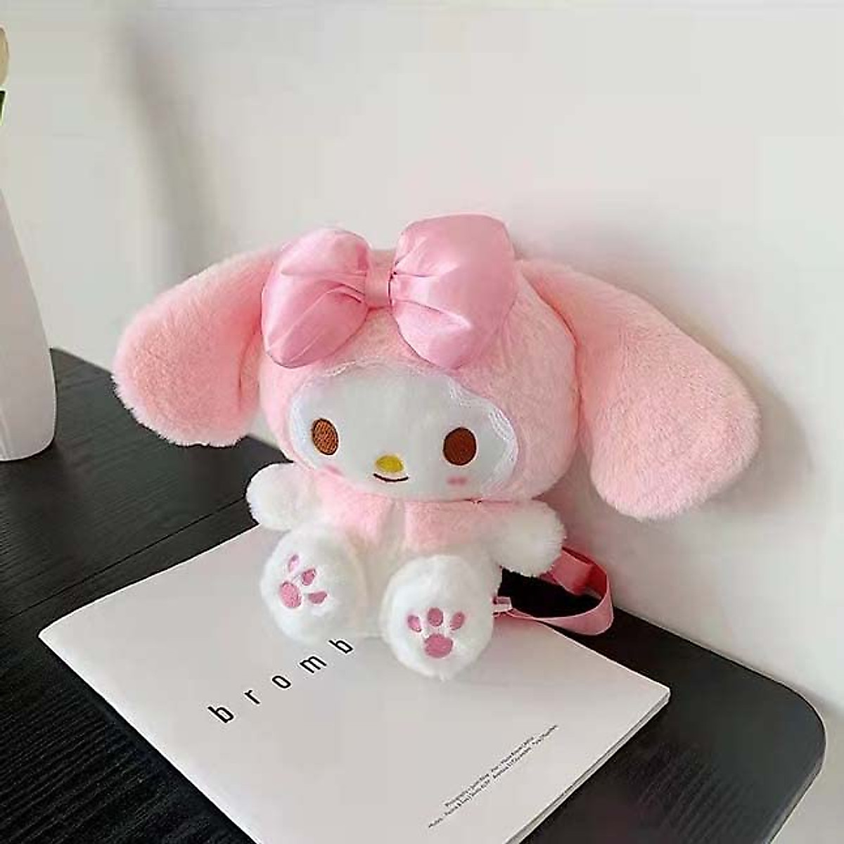 Huositi Pink and White Plush Backpack, Cute Cartoon Character Plush Doll School Bag for Kids and Girls (Pink)