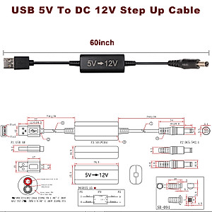 QIUCABLE 5V to 12V DC Converter, 5V USB to 12V DC Step Up Cable - 5FT 1.2A Boost Voltage Transformer, Compatible with Power Bank/CCTV System/Monitor/Camera/Speakers