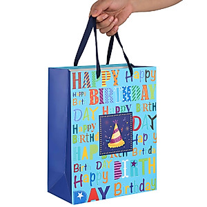 13" Large Blue Gift Bag Set with Greeting Card and Tissue Paper(Colorful Happy Birthday Text) for Boys’, Girls’ or Kids' Birthday Party, Men's or Women's Birthday Parties, Baby Shower - 10.2”x5.2”x13”, 1 Pcs.
