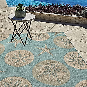 Gertmenian Indoor Outdoor Area Rug, Classic Flatweave, Washable, Stain & UV Resistant Carpet, Deck, Patio, Poolside & Mudroom, 5x7 Ft Standard, Sand Dollar Starfish, Oasis Green, 21268