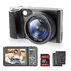 4K Digital Camera,Autofocus 48MP Vlogging Camera for Photography YouTube Compact Camera with Flash,18X Digital Zoom, Anti Shake, Macro Photography, 32G SD Card and 2 Batteries