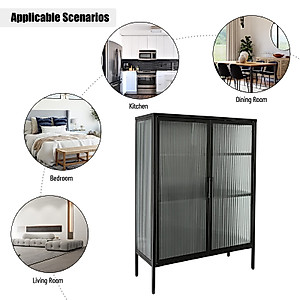 DiMorture 48 Inch-Height Double Glass Door Storage Cabinet, Sideboard Cupboard with Adjustable Shelves, Steel Display Cabinet Credenzas Console Table for Kitchen Entryway, Black
