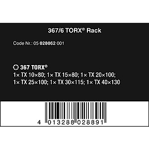 Wera 05028062001 Kraftform Plus 367/6 Torx Screwdriver Set and Rack, 6-Piece,MULTI,TX10x80mm, TX15x80mm, TX20x100mm, TX25x100mm, TX30x115mm, TX40x140mm