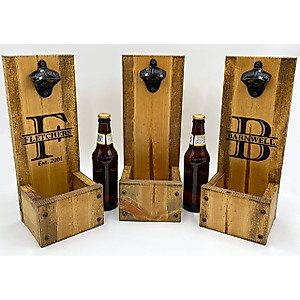 Bottle Opener with Dropbox Cap Catcher - Wall Mount or Freestanding - Laser Engraved - Personalized Christmas Gift idea for men Rustic Wood Groomsmen Gift Sets, Wedding and Anniversary Presents