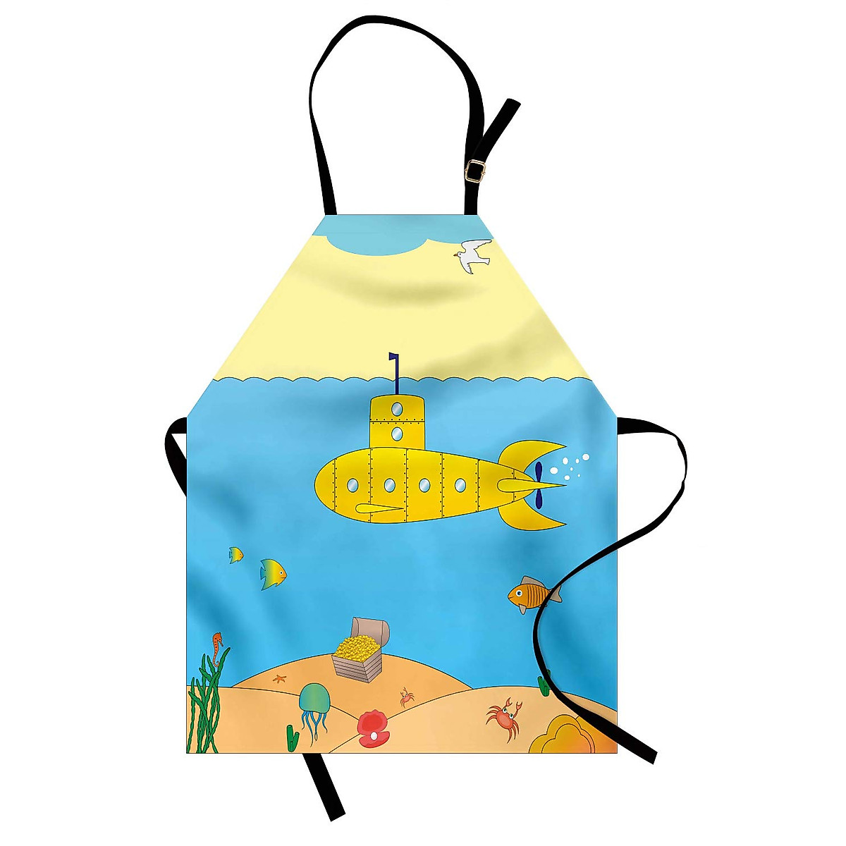 Ambesonne Yellow Submarine Apron, Cartoon Under Sea Adventure Jellyfish Treasure Chest Seagull Fish, Unisex Kitchen Bib with Adjustable Neck for Cooking Gardening, Adult Size, Yellow and Blue