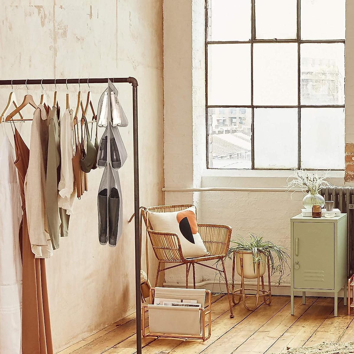 Audoloku Hanging Boot Storage Shoe Rack for Closet Organizers and Storage Hanging Boots Organizers Dust Cover with 6 Pockets for Boots, Gray