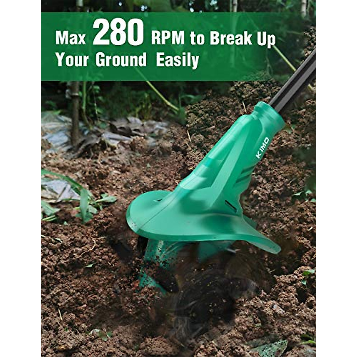 Kimo Cordless Tiller Cultivator with 24 Steel Tines, 7.8-in Wide & 5-in Depth Garden Cultivator, Electric Rototiller w/Battery Powered Tiller Rototillers for Garden,Lawn,Yard,Soil Cultivation