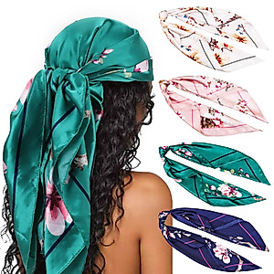 DRESHOW 35” Large Square Satin Head Scarf - 4Pcs Silk Accessories Classic Patterned Squares Beach Bandanas for Women