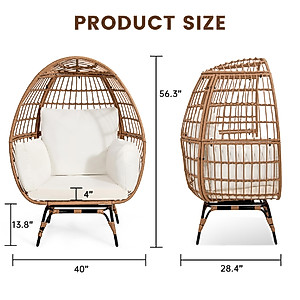 Murago Oversized 360 Swivel Rattan Egg Chair for Adult, Indoor Large Wicker Egg Chair, Outdoor Patio Rattan Egg Chair with overstuffed Cushions, Natural Rattan with Beige Cushion