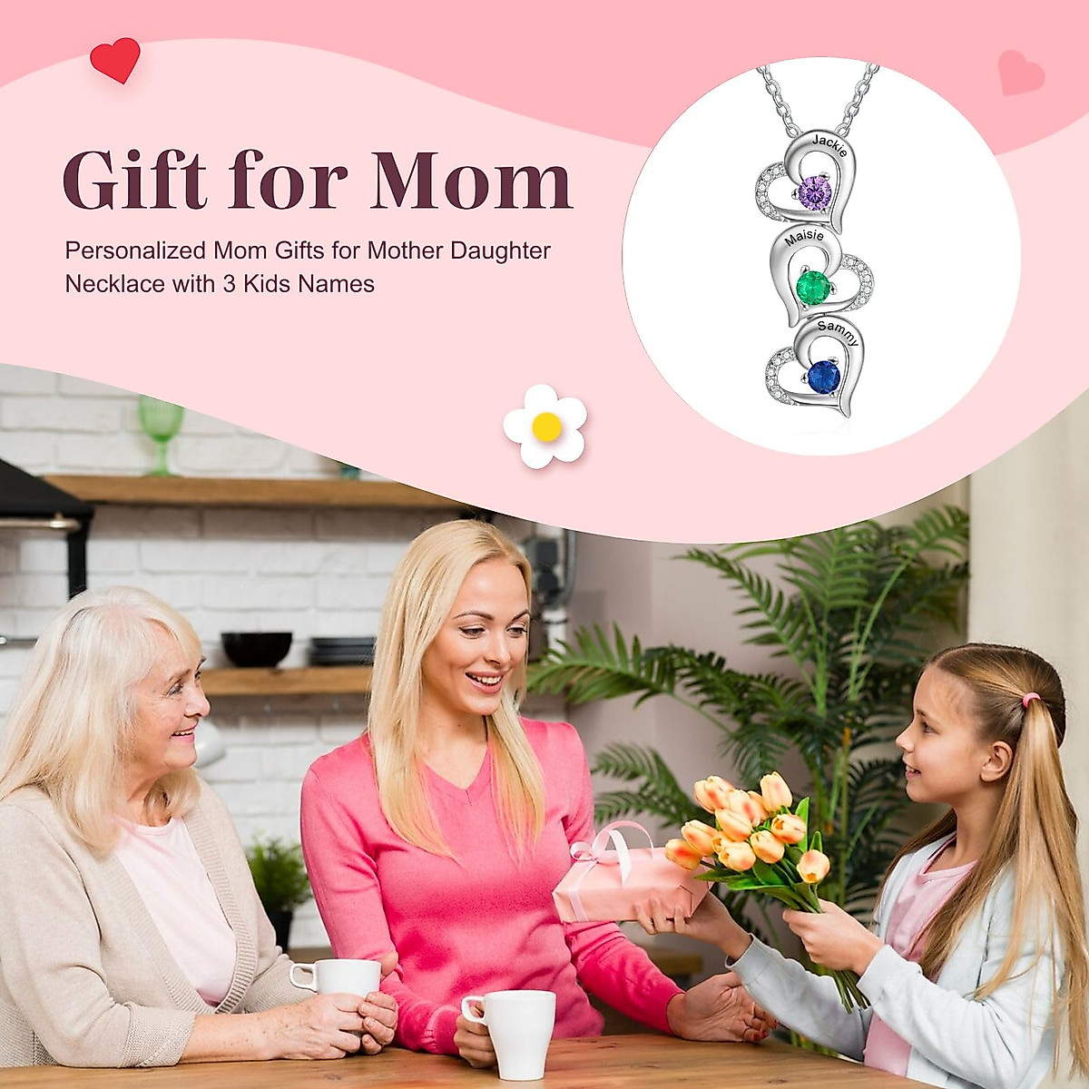 ALBERTBAND Christmas Gifts for Mom Personalized Heart Necklaces for Mother 3 Birthstone Necklaces for Women Mom Necklace Custom 3 Name Necklace Gifts for Grandmother