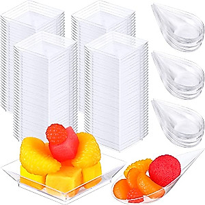 Rozer Mini Appetizer Plates and Tear Drop Spoons for Weddings Party 2.5 x 2.5 Inches 4 x 2 x 0.5 Inches Plastic Mini Dessert Plates Disposable Appetizer Spoons (200 Pieces)
