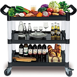 LKFDFIA Utility Carts with Wheels 3-Tier Rolling Cart 500lbs Capacity Plastic Food Cart Heavy Duty Service Cart with Lockable Wheels and Rubber Hammer for Kitchen/Office/Warehouse