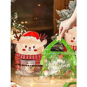 ESUOHYM Christmas Treat Bags For Kids Clear Tree Shaped Ziplock Reusable Goodie Bag Xmas Sealable Bags With Handle For Candy, Cookie, Snack, Party Supplies 10 PCS