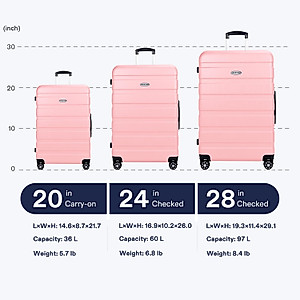 YEMENREN Luggage Sets Hardside Lightweight Suitcase with Spinner Wheels TSA Lock, 3-Piece Set (20/24/28), Pink
